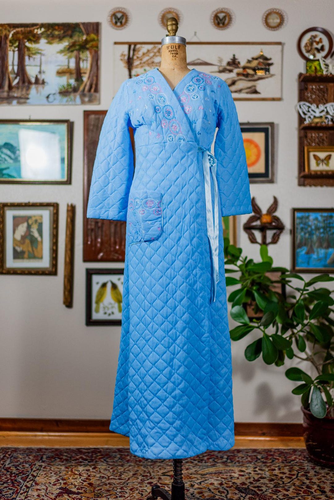 Vintage 60s 70s Quilted Sky Blue Floral Embroidery Robe, Retro Maxi ...