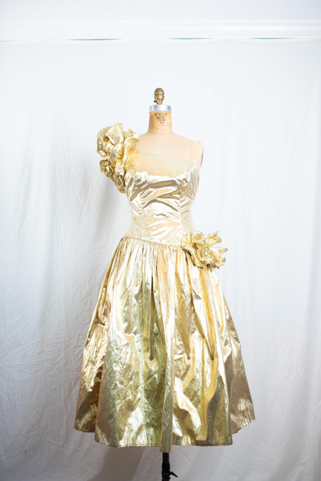 Vintage 80s Gold Lamé Prom Dress Mike Benet Ballgown, One Shoulder ...