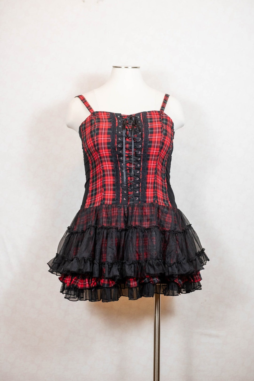 Vintage Y2K Tripp Emo Hot Topic Corset Fairy Goth Dress, Red Plaid ...