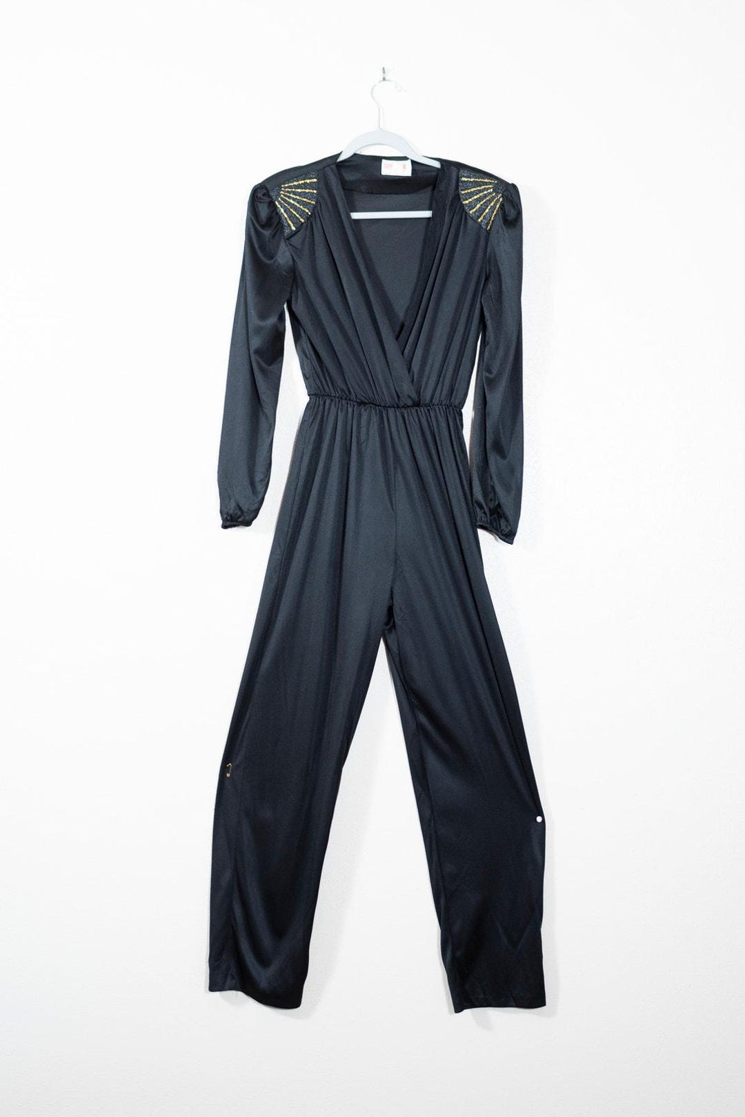 Vintage 70s Women's Disco Jumpsuit, Retro Gold Black Glitter, Groovy ...