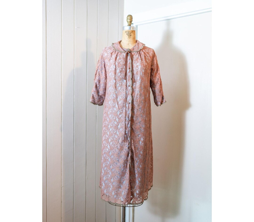 Vintage 60s Cocoa Brown and Blue Lace Robe, Housecoat Lingerie, Glam ...
