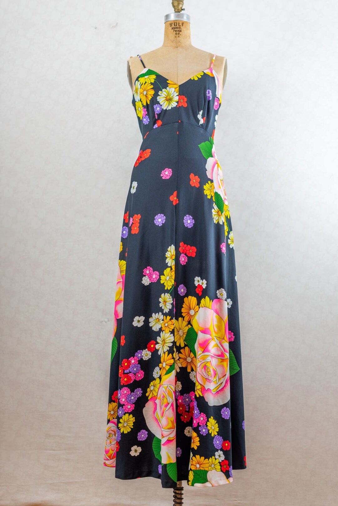 Vintage 70s Black Bright Dayglo Colorful Floral Groovy Maxi Sundress ...