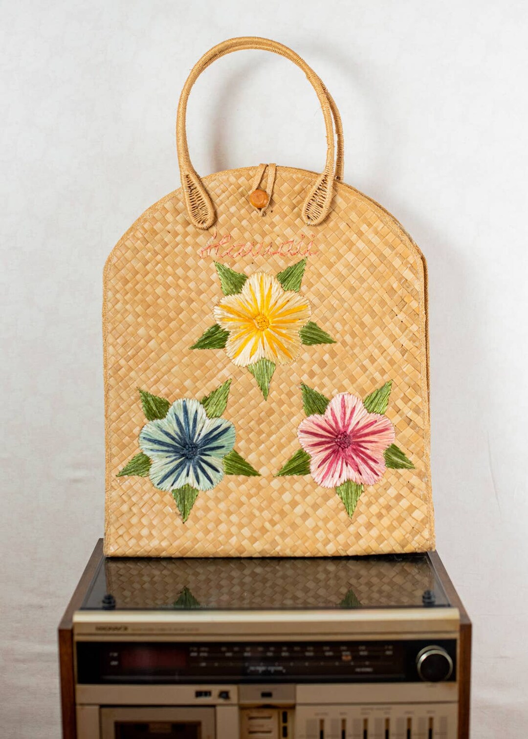 Vintage 60s 70s Hawaii Woven Raffia Straw LARGE Tote, Tropical Flowers ...