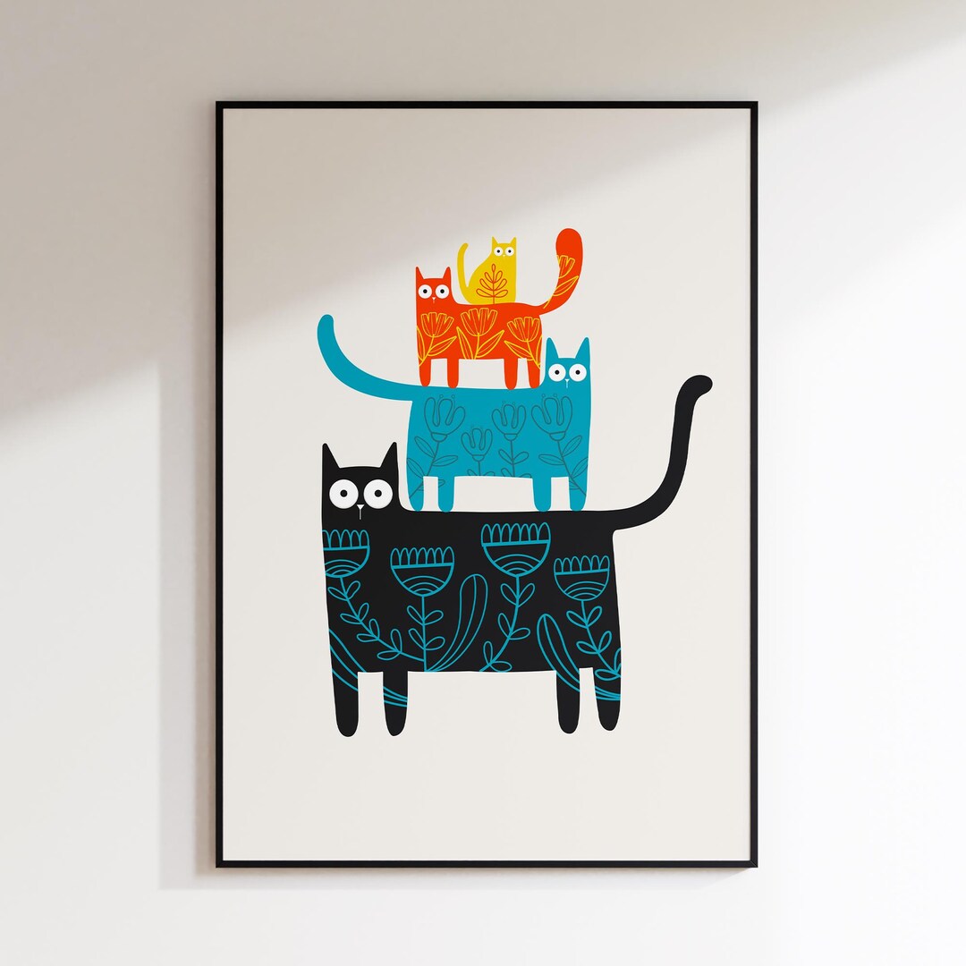 Colorful Cat Poster to Print – Illustration With Flowers & Cat Family ...