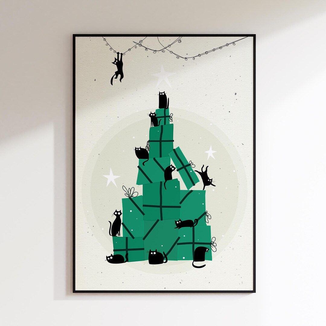 Funny Christmas Poster With Crazy Cats on a Gift Tree – Printable Wall ...