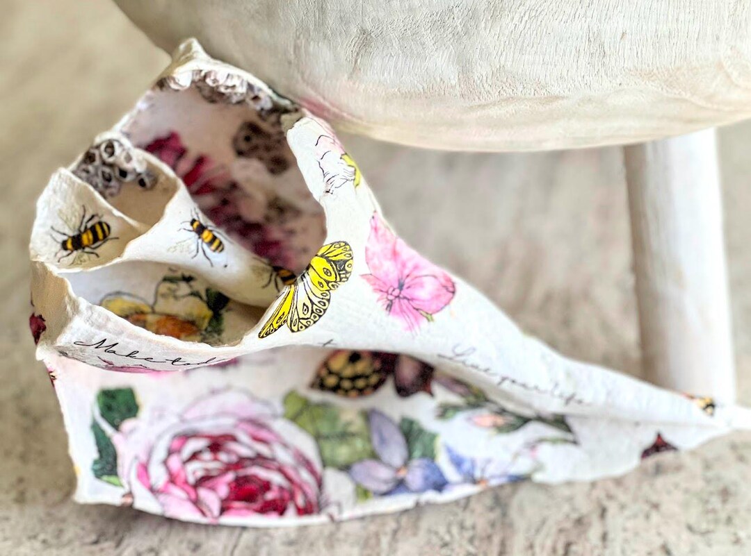 XL Coastal Whelk Shell Art – Pink Floral and Bee Décor With Glitter ...