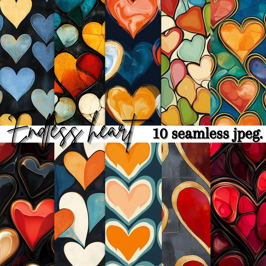 Endless Heart Digital Paper Pack – 10 Romantic Seamless Patterns (JPEG ...