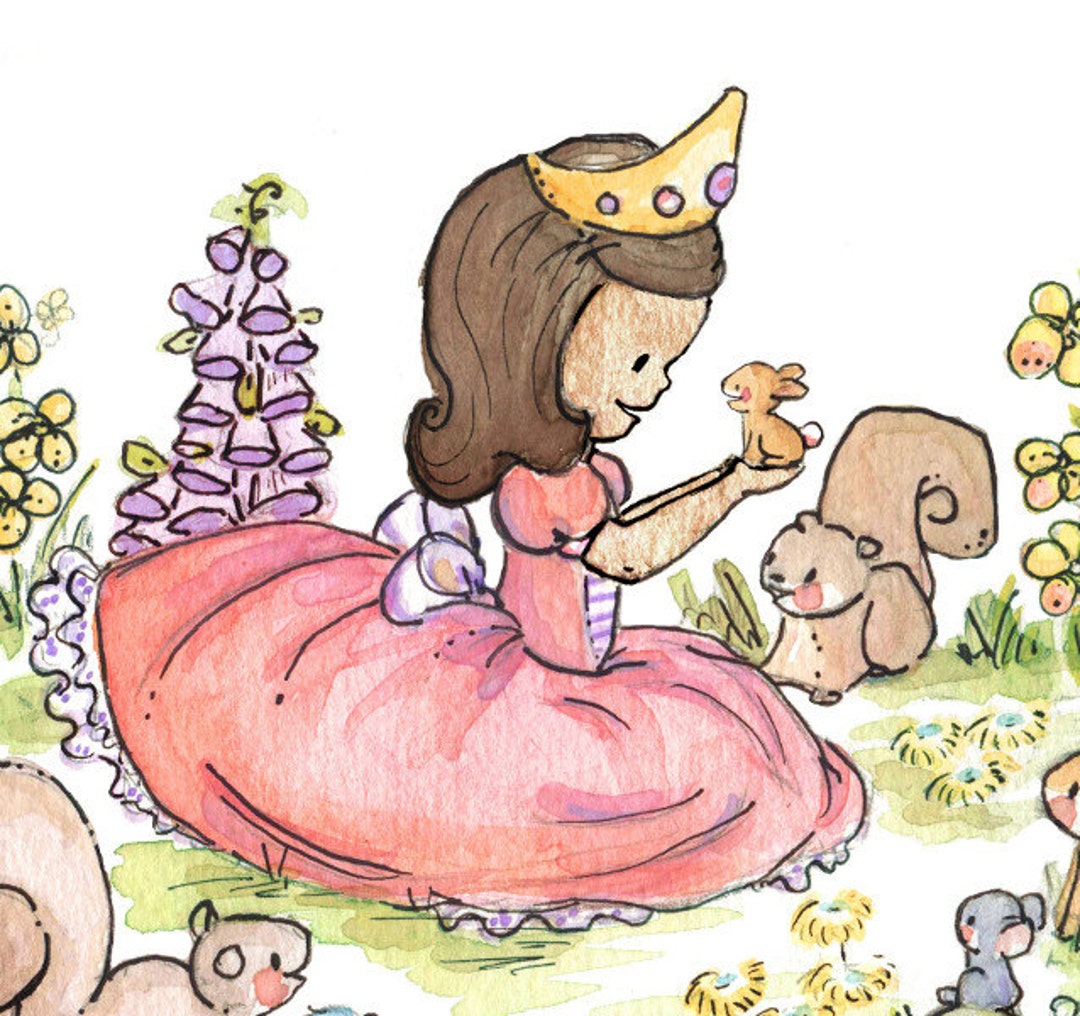 Children Art Print. A Princess in Her Garden. DARKHAIRED. 8X10. Nursery ...