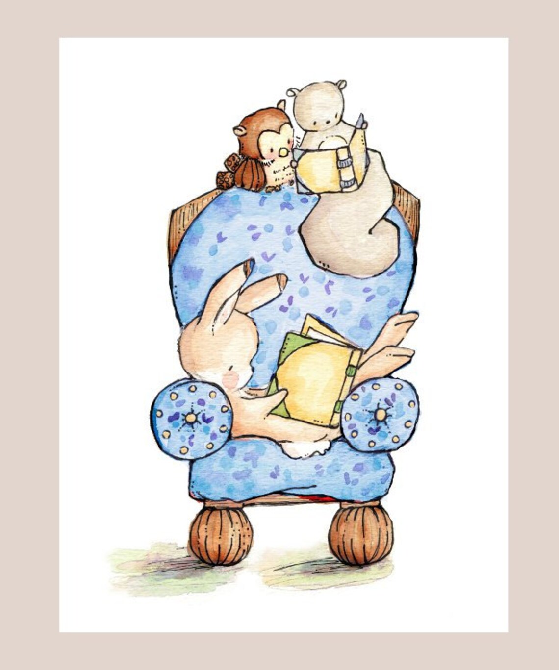 Reading Chair BLUE - Children Art. PRINT 8X10. Nursery Art Home Decor ...
