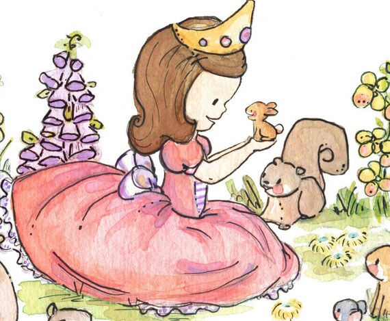 Children Art Print. A Princess in Her Garden. BRUNETTE. 8X10. | Etsy
