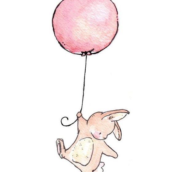 Children Art Print. Floating Bunny and Balloon. PRINT 5X7. | Etsy