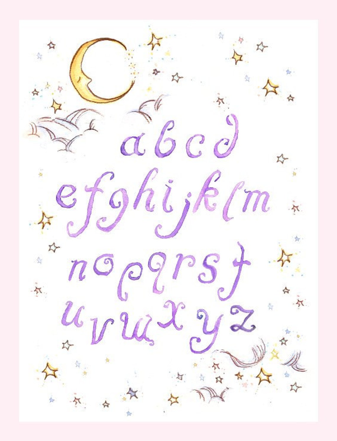 Children Art. Handpainted-moon and Stars ALPHABET. Print 8X10. Nursery ...