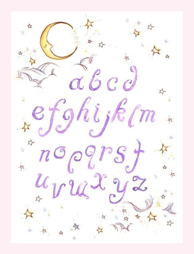 Children Art. Handpainted-moon and Stars ALPHABET. Print 8X10. Nursery ...