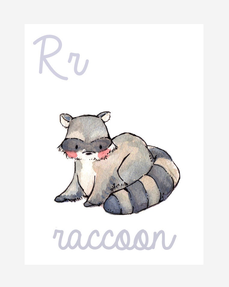 Children Art Print. R is for Raccoon. 8X10 PRINT. Nursery Art Home ...