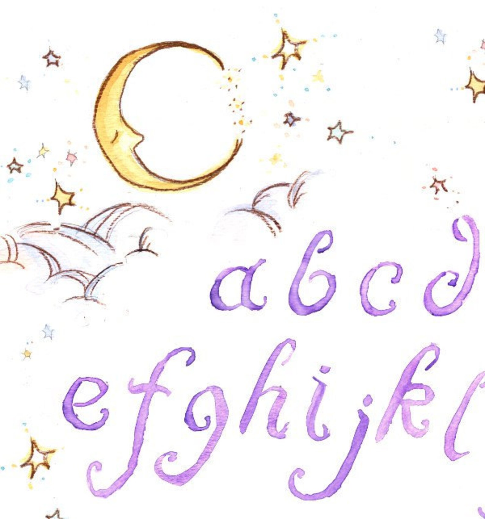 Children Art. Handpainted-moon and Stars ALPHABET. Print 8X10. Nursery ...