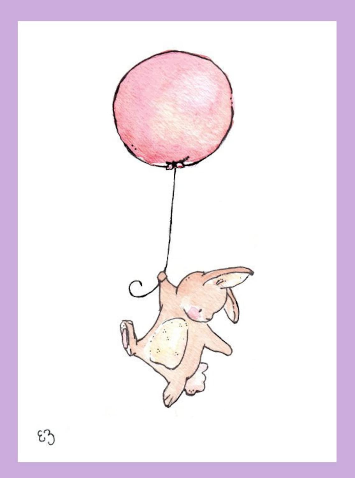 Children Art Print. Floating Bunny and Balloon. PRINT 5X7. Nursery Art ...