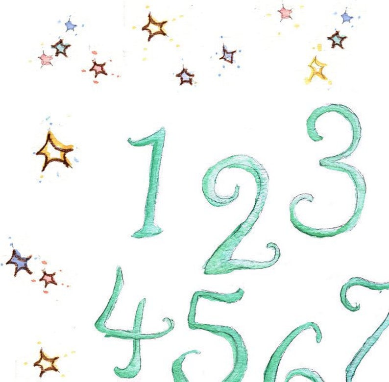 Children Art. HANDPAINTED- STARS Number Chart in Seafoam. Print 8X10 ...