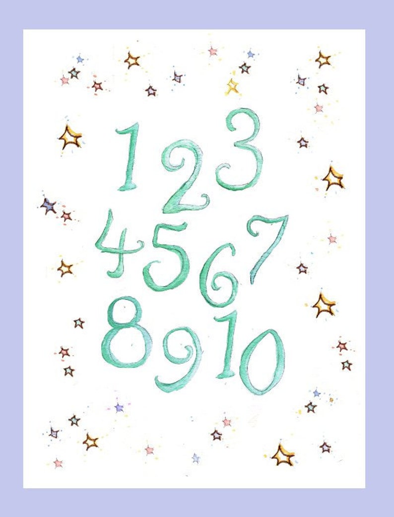 Children Art. HANDPAINTED STARS Number Chart in Seafoam. Print 8X10 ...