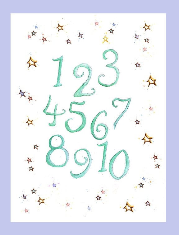 Children Art. HANDPAINTED- STARS Number Chart in Seafoam. Print 8X10 ...