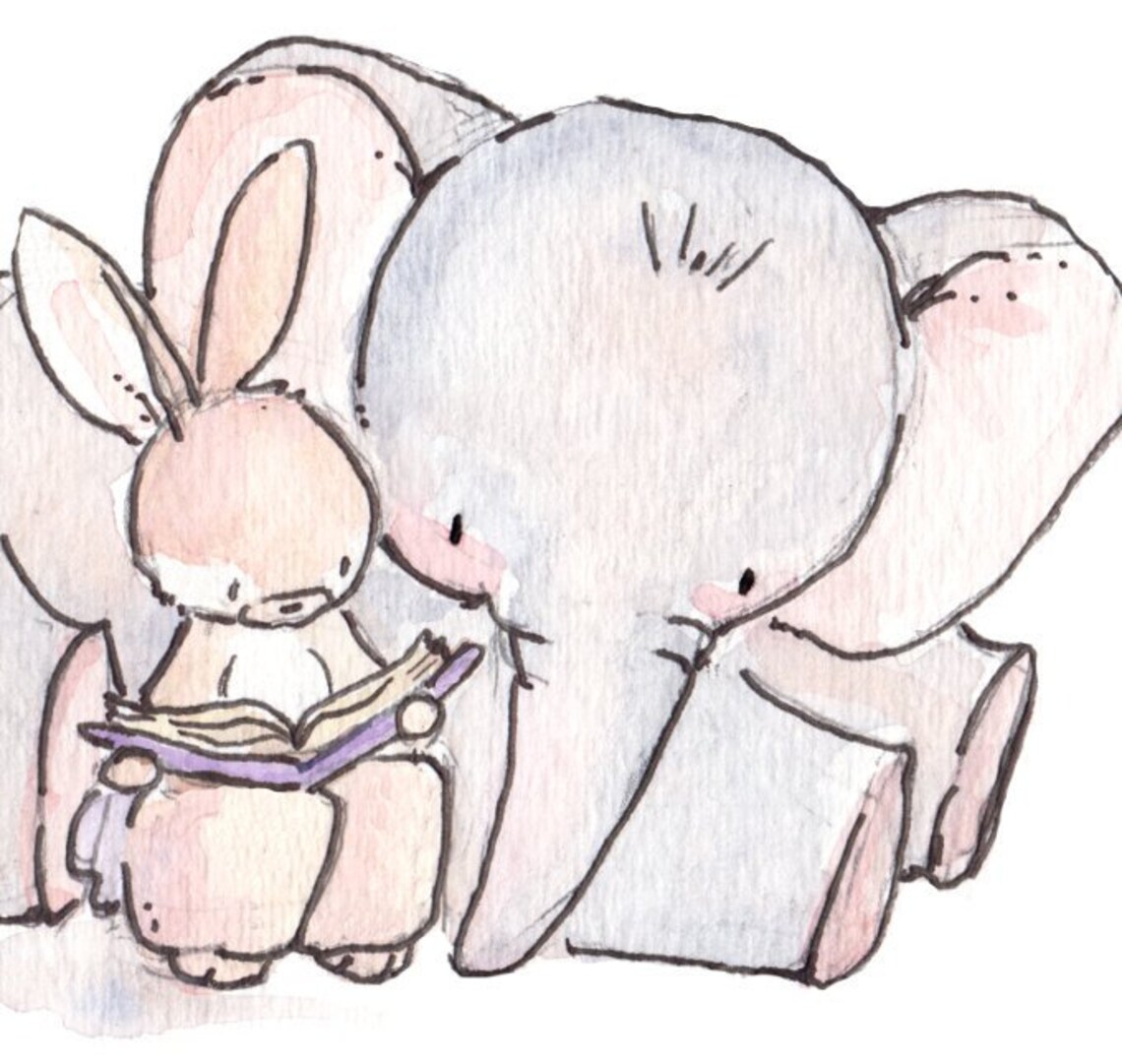 Children Art Print. Bunny and Elephant Reading. PRINT 8X10. Nursery Art ...