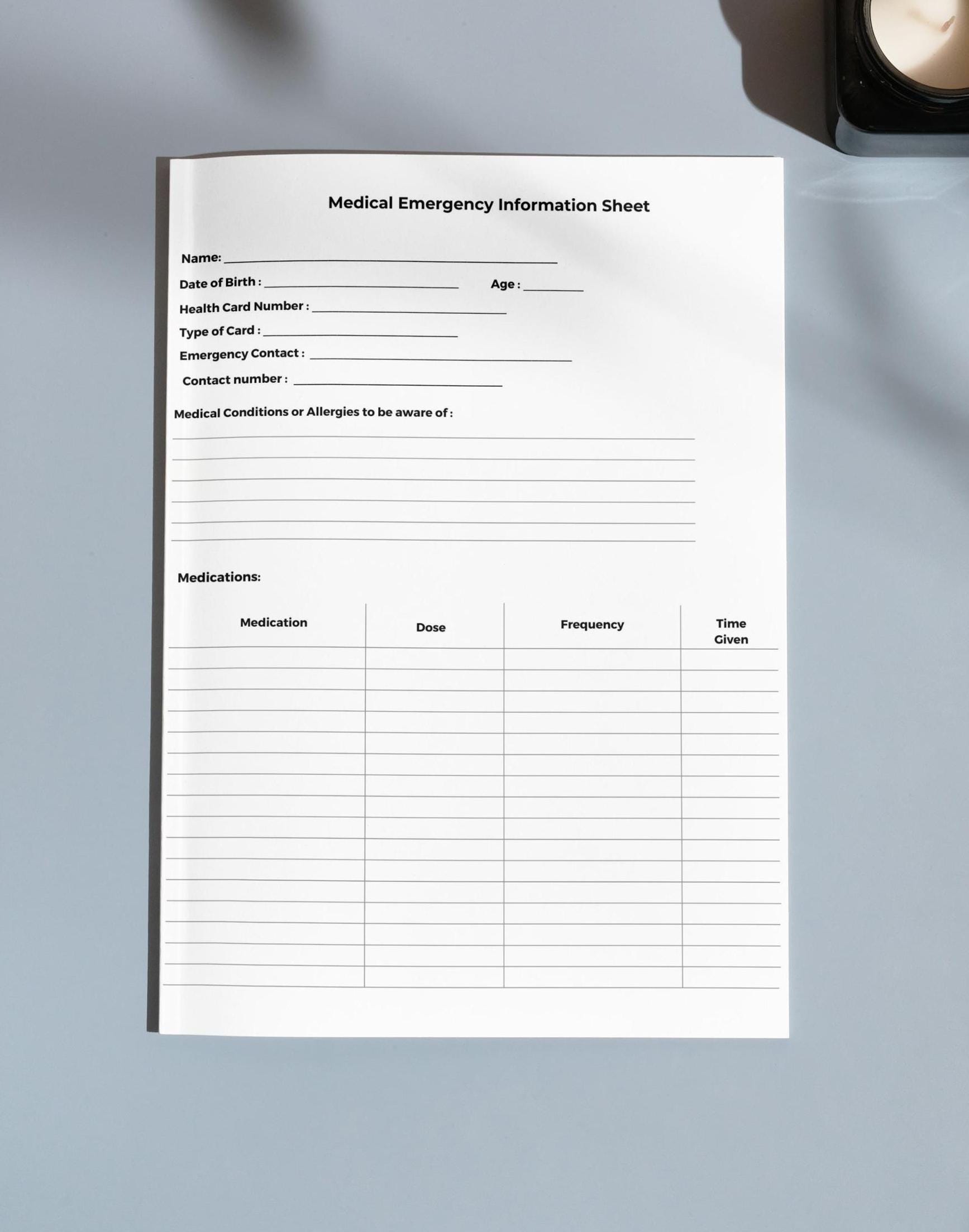 First Aid - Medical Emergency Information Sheet - Medical Information ...