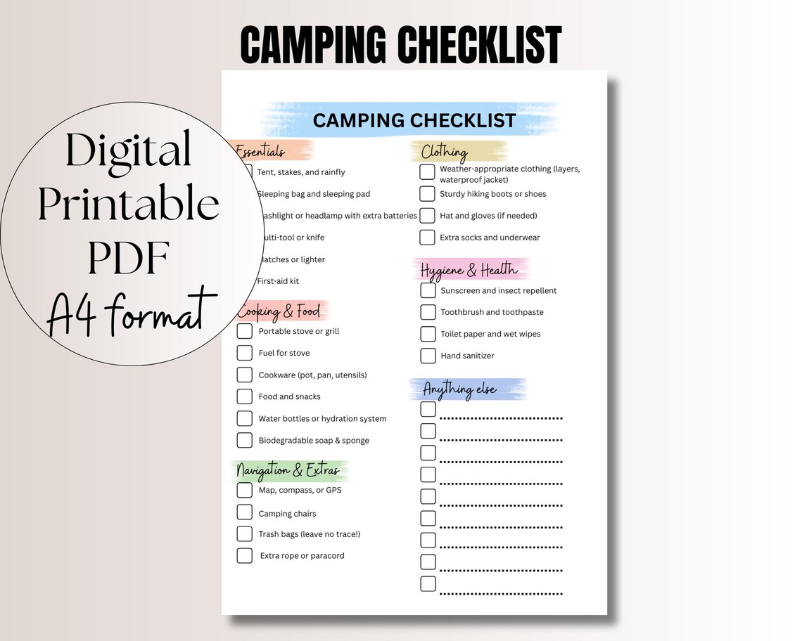 Printable Camping Checklist Editable Travel Checklist Camping RV Camp ...