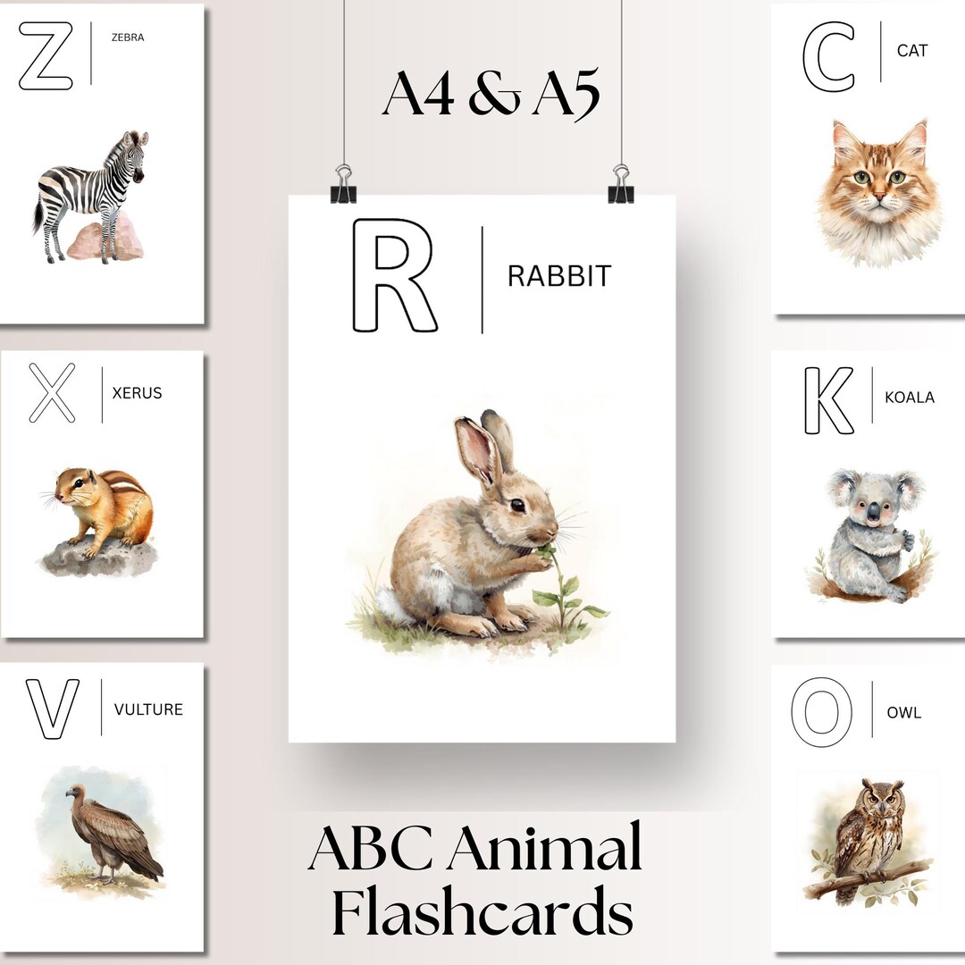 Watercolor Animal Alphabet Flashcards A5 ABC Animal Cards for Kids ...