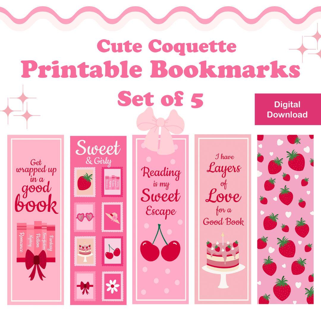 Coquette Bookmarks: Pink Bows, Strawberries, Cake - Set of 5 (digital ...