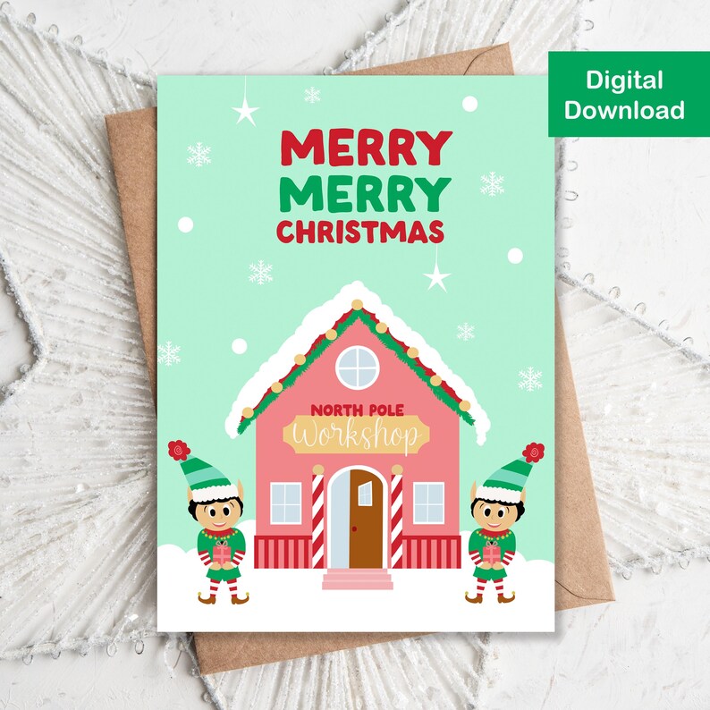 Printable Kids Christmas Card: Santa's Workshop at North Pole (digital ...