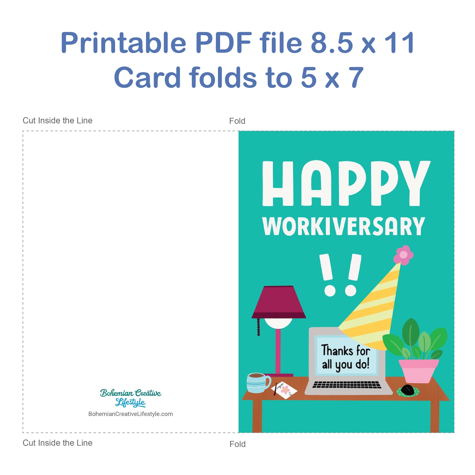 Cute Printable Work Anniversary Card - Instant Digital Download - Happy ...