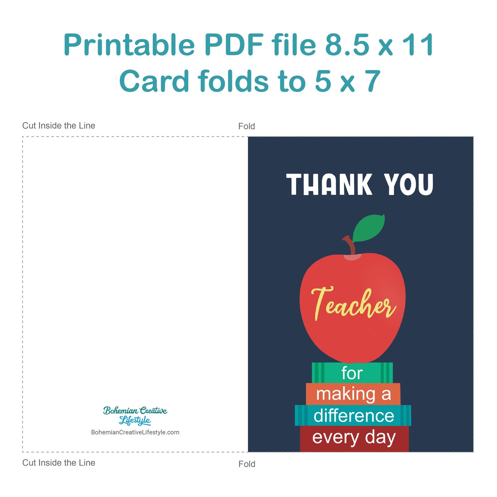Printable Teacher Thank You Card: Apple Design (digital Download) - Etsy