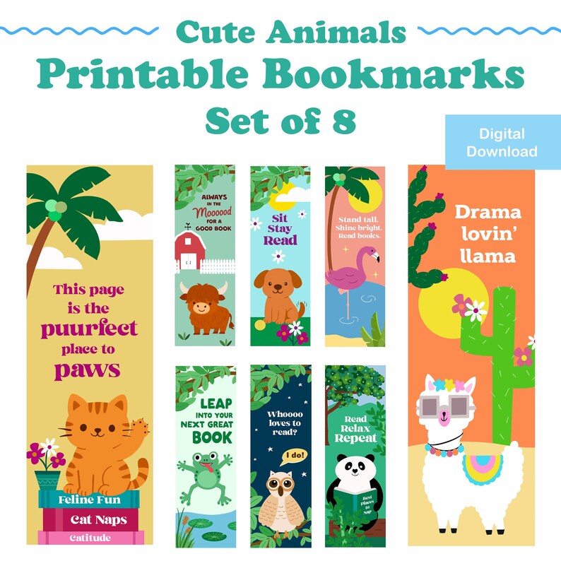 Cute Animal Bookmarks – Printable Set of 8 (digital Download) - Etsy