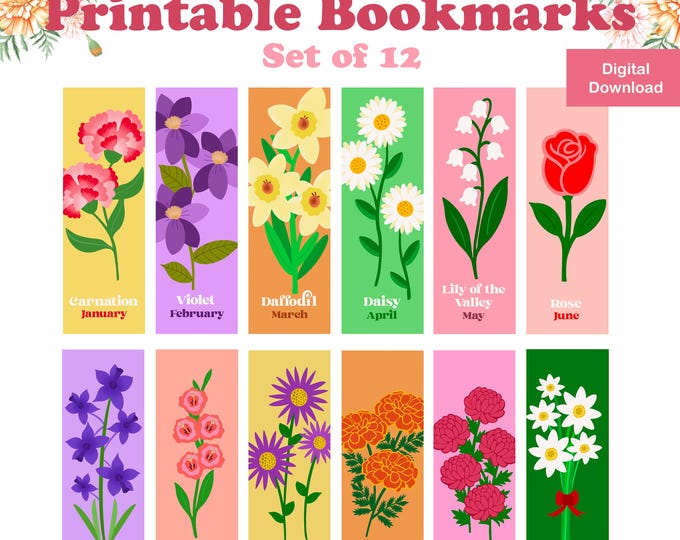 Birth Month Flower Printable Bookmarks, 12 Birth Flower Designs, Letter ...