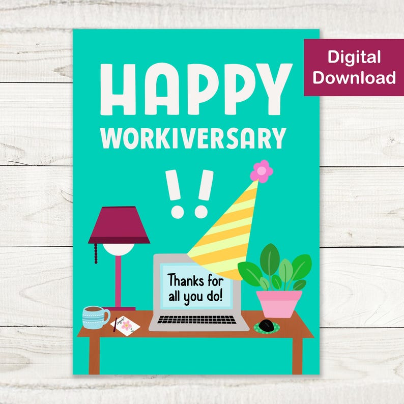 Cute Printable Work Anniversary Card - Instant Digital Download - Happy ...