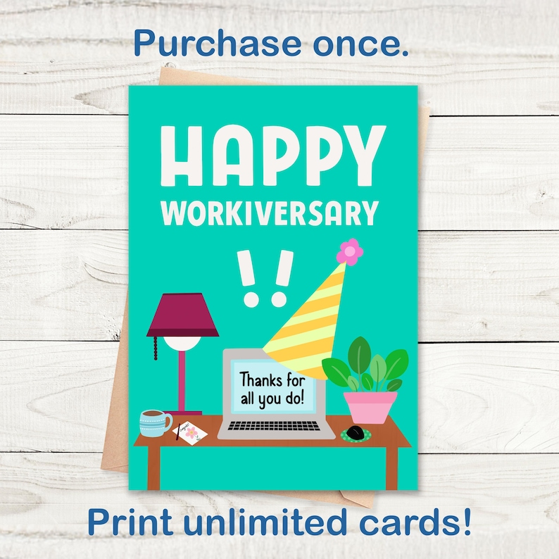 Cute Printable Work Anniversary Card - Instant Digital Download - Happy ...
