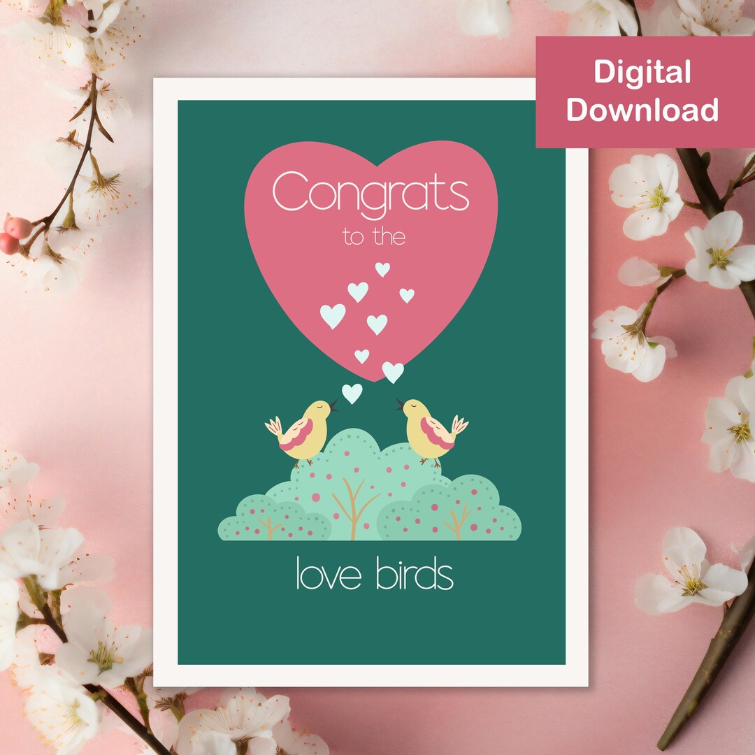 Printable Cute Love Birds Card - Instant Download - Wedding Card ...