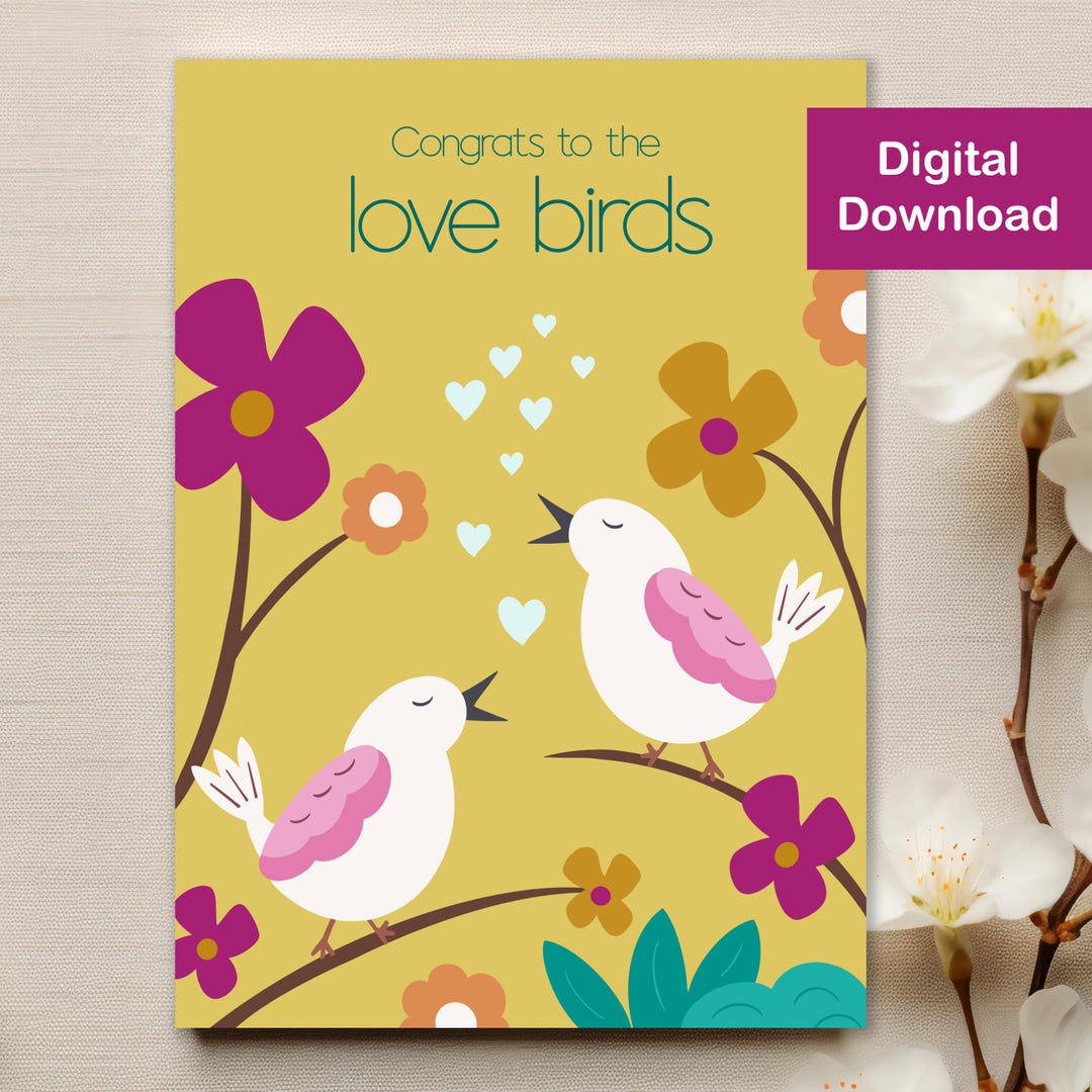 Cute Printable Love Birds Card - Digital Download - Wedding Card ...