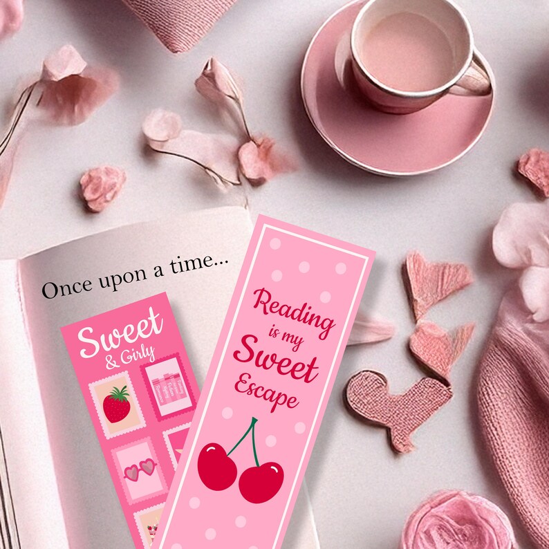 Coquette Bookmarks: Pink Bows, Strawberries, Cake - Set of 5 (digital ...