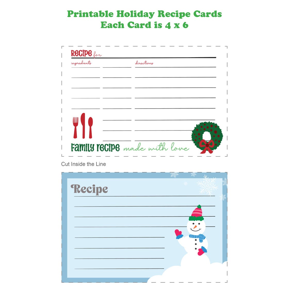Printable Holiday Recipe Cards: Festive Blank Designs (digital Download ...