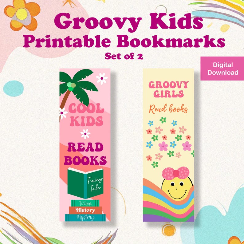 Retro Kids Bookmarks: Groovy Printable Designs (digital Download, Set ...