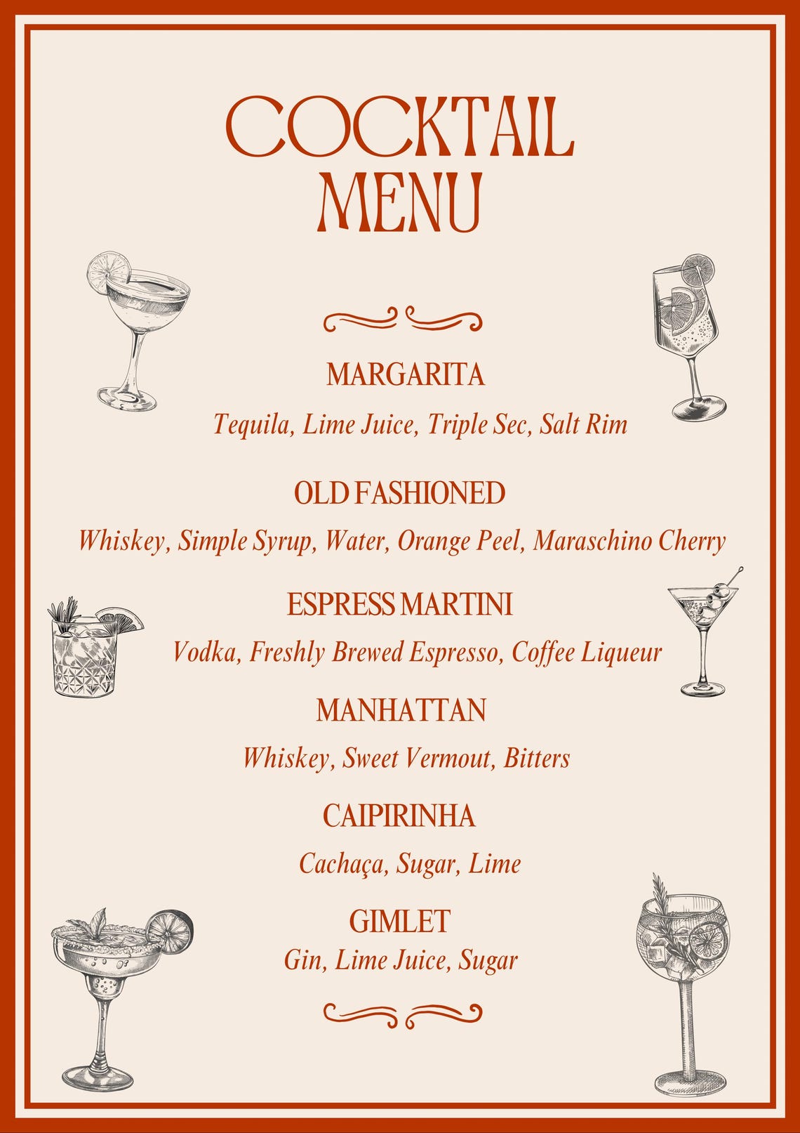 Customizable Cocktail Menu Template - Printable Drink Menu for Weddings ...