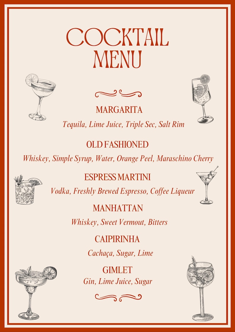 Customizable Cocktail Menu Template - Printable Drink Menu for Weddings ...
