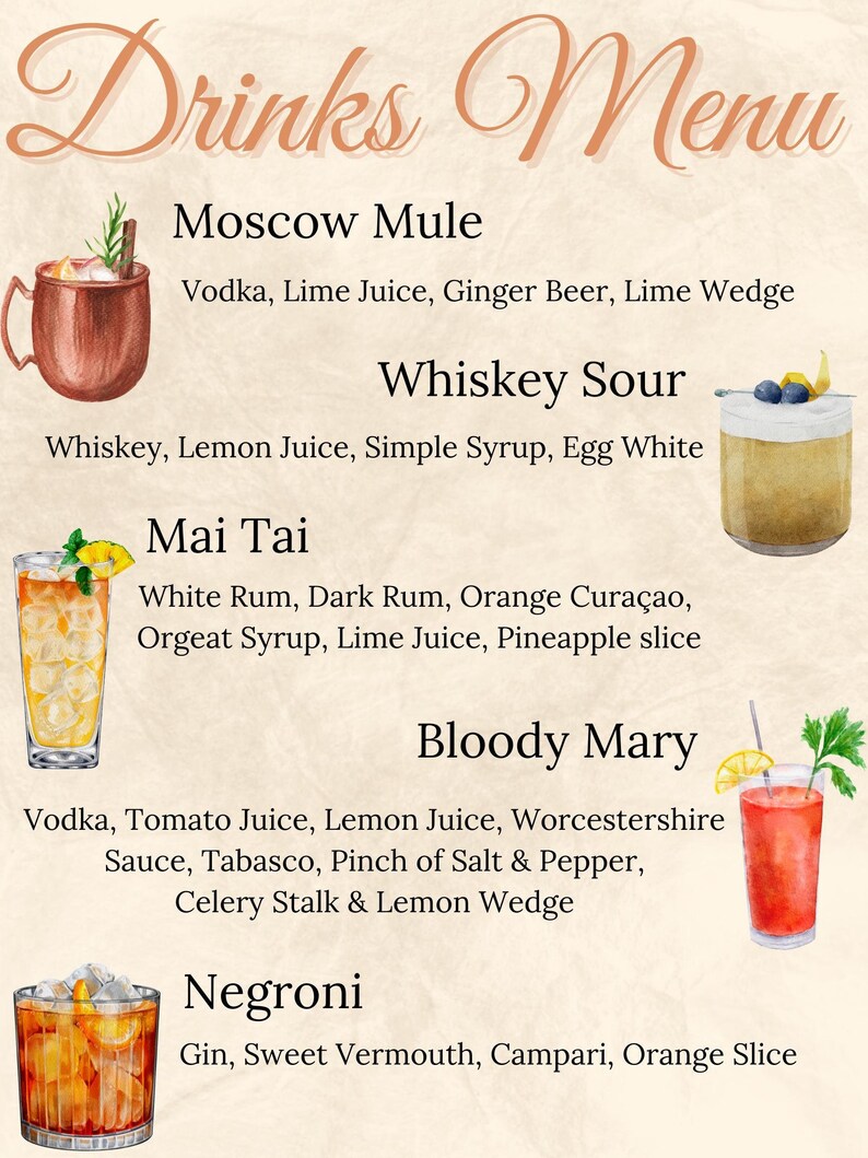 Printable Drinks Menu Sign - Elegant Bar Décor for Weddings, Parties ...