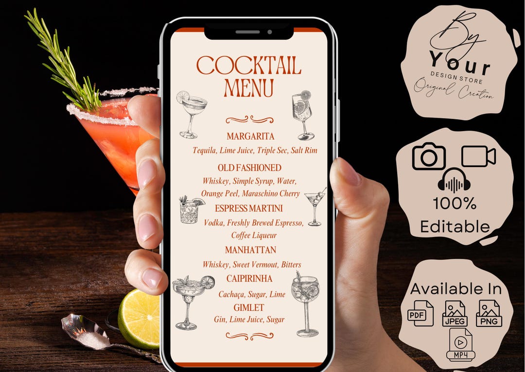 Customizable Cocktail Menu Template - Printable Drink Menu for Weddings ...