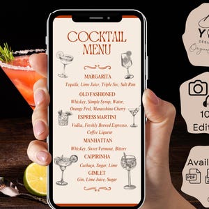 Customizable Cocktail Menu Template - Printable Drink Menu for Weddings ...