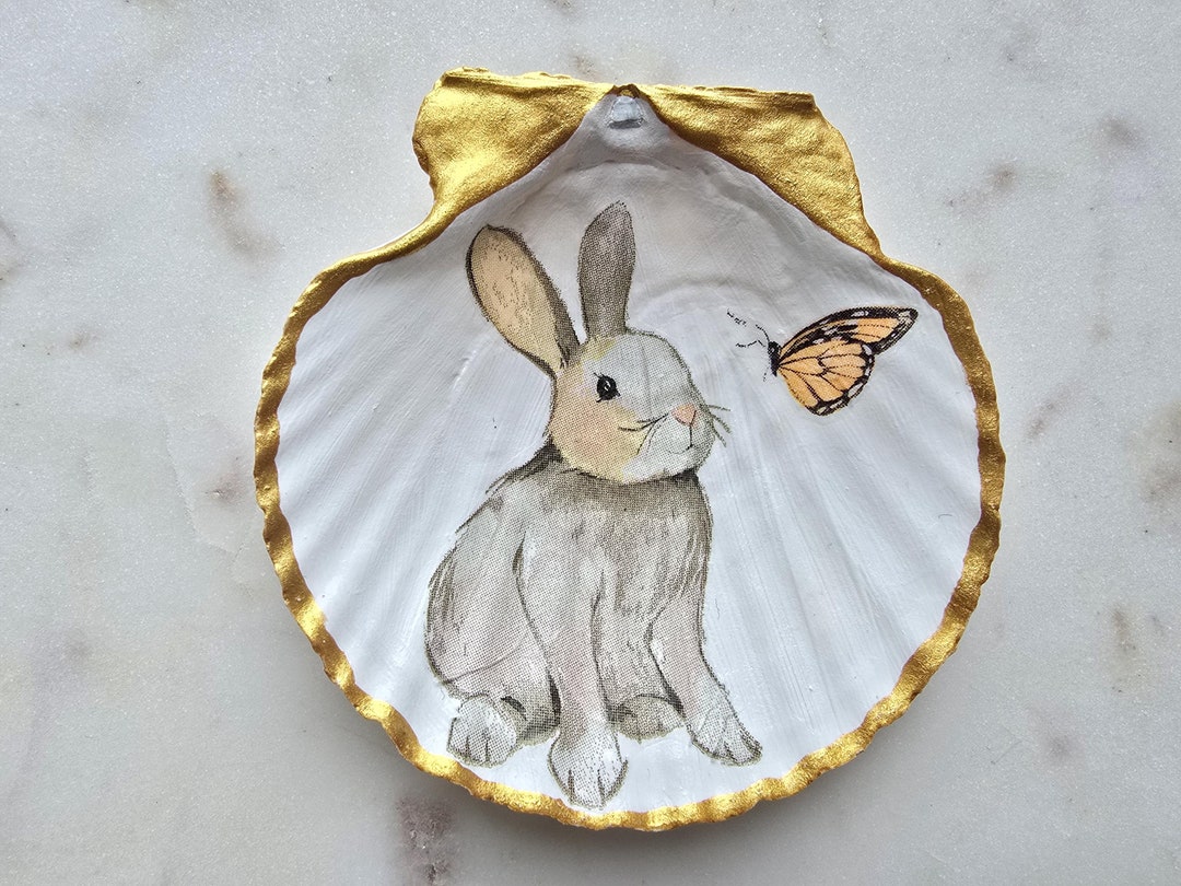 Handmade Decoupage Scallop Shell Ring Dish Spring Easter Bunny, Wedding ...