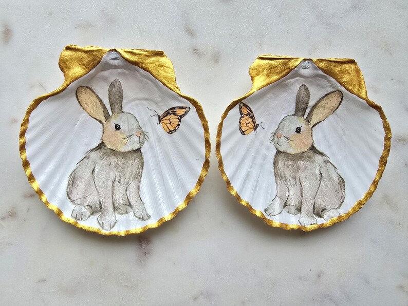 Handmade Decoupage Scallop Shell Ring Dish Spring Easter Bunny, Wedding ...
