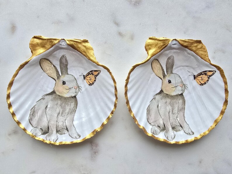 Handmade Decoupage Scallop Shell Ring Dish Spring Easter Bunny, Wedding ...