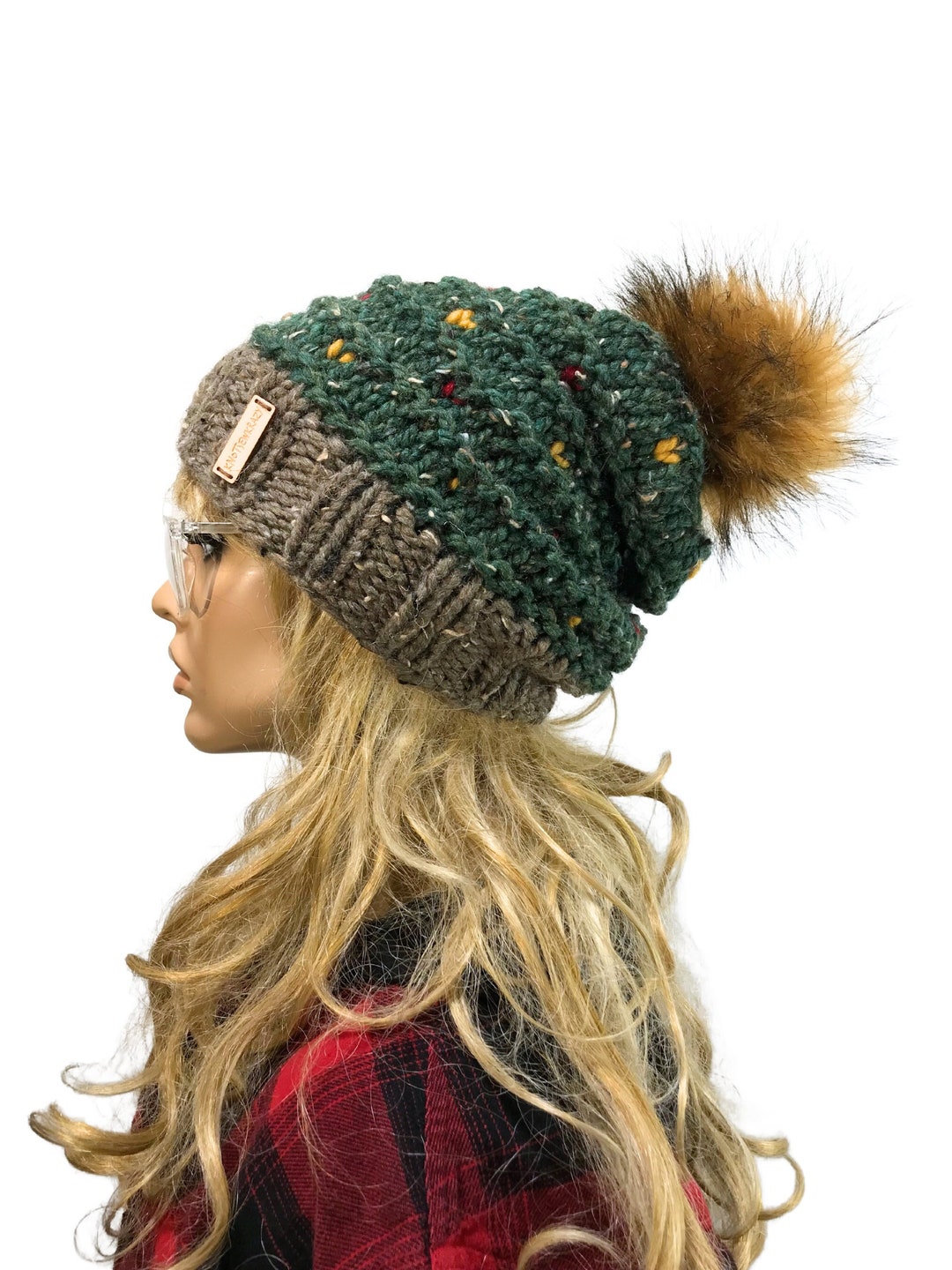 Adult Christmas Knit Hat With Faux Fur Pom Pom, Skull Beanie, Knit Hat ...