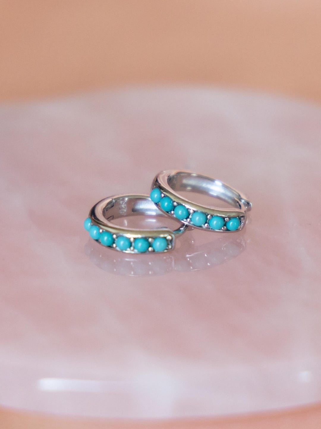 925 Sterling Silver Turquoise Hoops Earrings, Small Turquoise Huggie ...